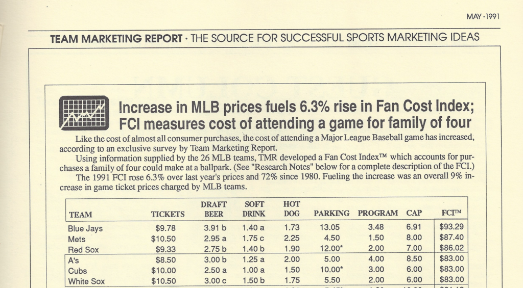 1991 MLB Fan Cost Index® - Team Marketing Report