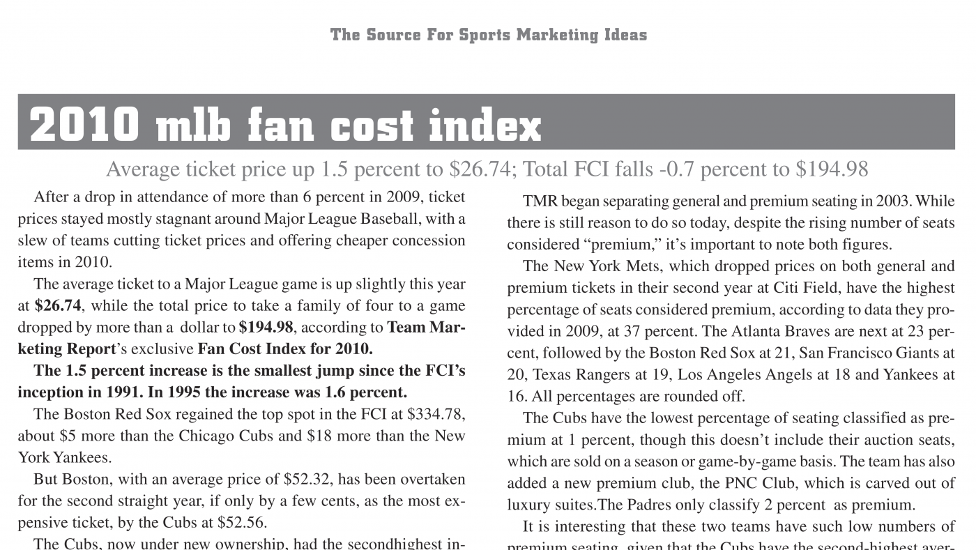 2010 MLB Fan Cost Index® - Team Marketing Report